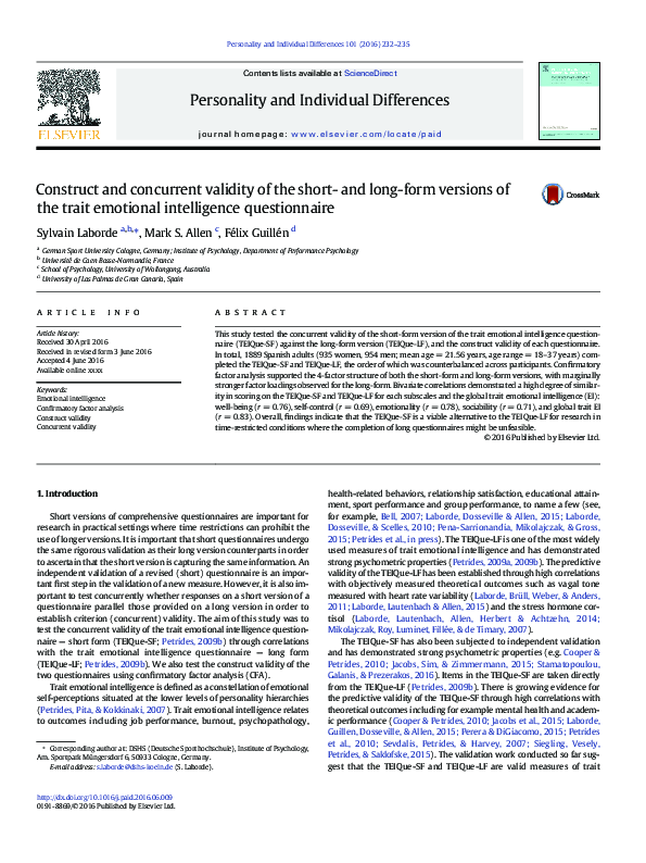 Pdf Construct And Concurrent Validity Of The Short And Long Form