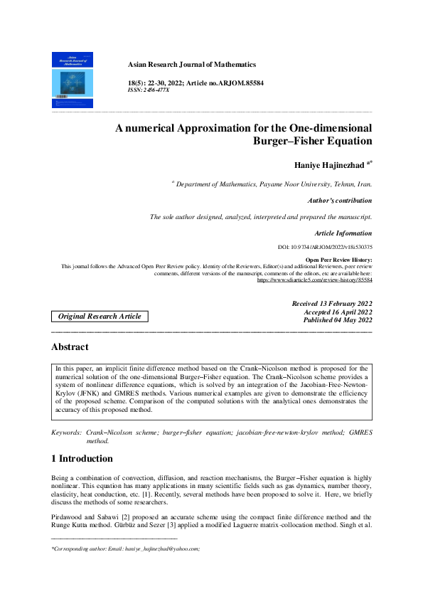 (PDF) A numerical Approximation for the One-dimensional Burger–Fisher Equation | Haniye ...