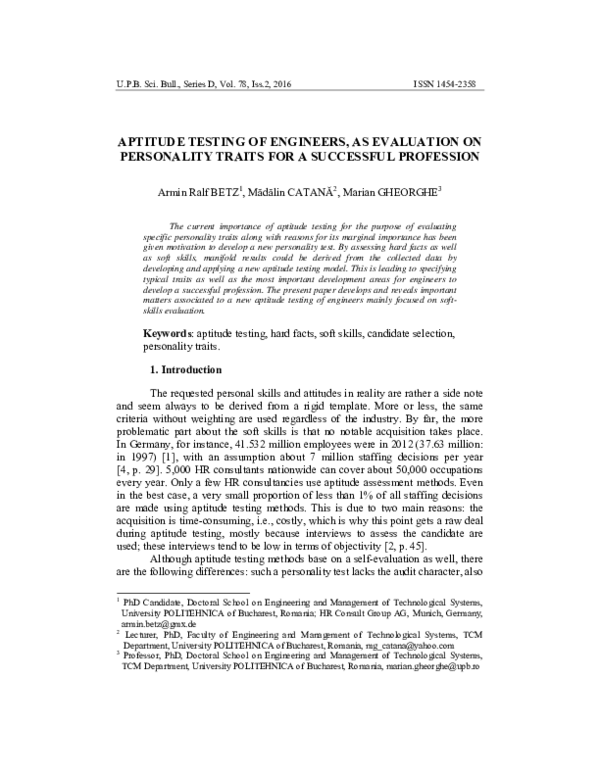 (PDF) Aptitude Testing of Engineers , as Evaluation on Personality ...
