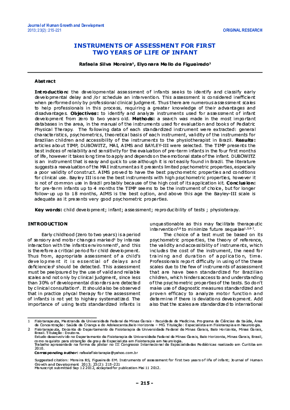 (PDF) Instruments of Assessment for First Two Years of Life of Infant