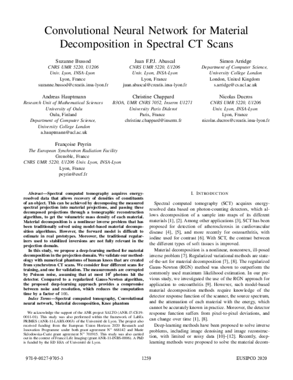 Pdf Convolutional Neural Network For Material Decomposition In Spectral Ct Scans Christine