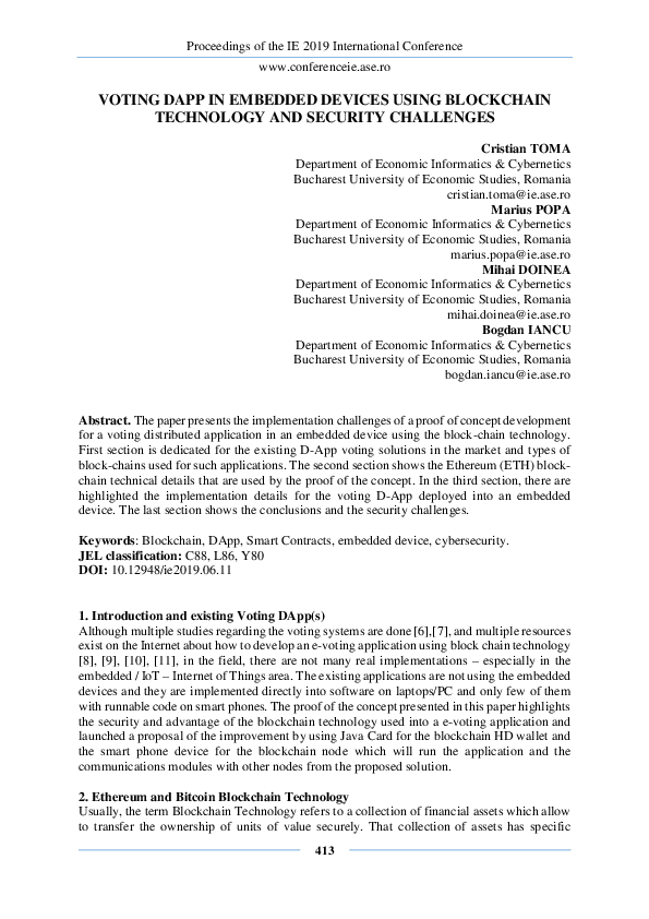 Pdf Voting Dapp In Embedded Devices Using Blockchain Technology And Security Challenges