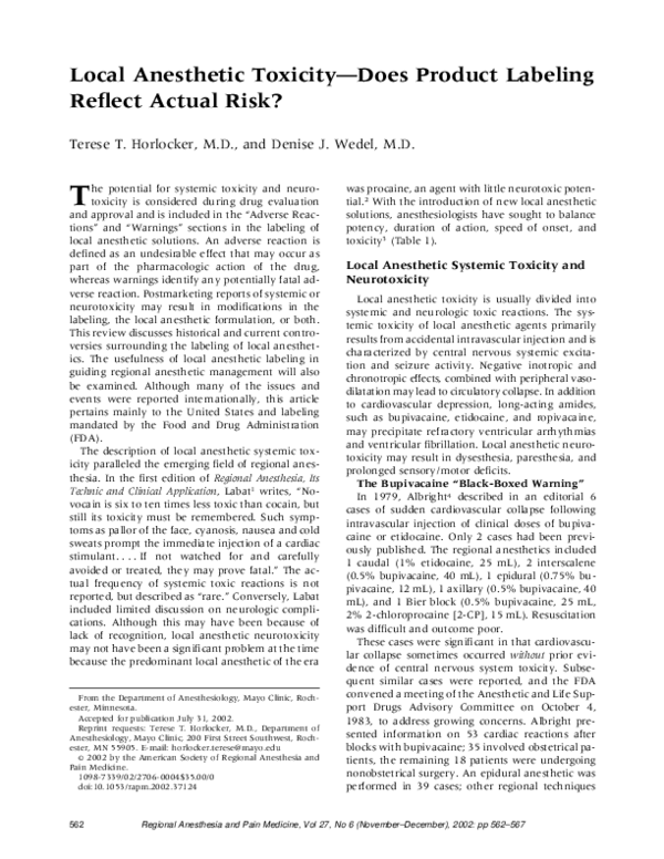 (PDF) Local anesthetic toxicity—does product labeling reflect actual ...