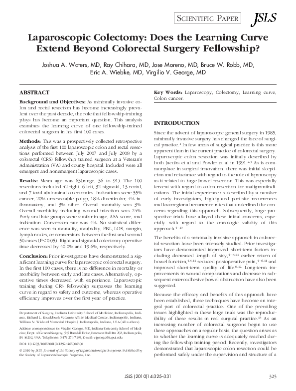 (PDF) Laparoscopic Colectomy: Does the Learning Curve Extend Beyond Colorectal Surgery Fellowship?