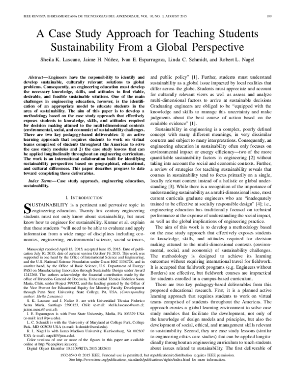Pdf A Case Study Approach For Teaching Students Sustainability From A