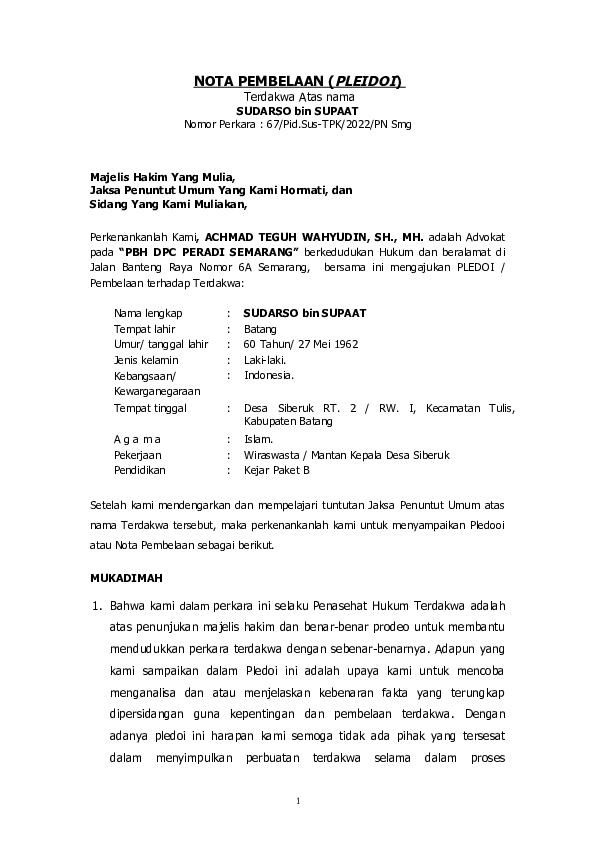 (DOC) NOTA PEMBELAAN (PLEIDOI) Terdakwa Atas nama SUDARSO bin SUPAAT ...