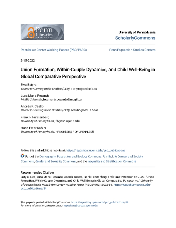 (PDF) Union Formation, Within-Couple Dynamics, and Child Well-Being in Global Comparative ...