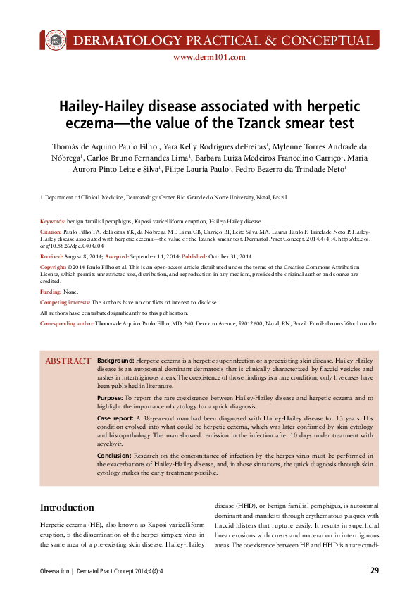 (PDF) Hailey-Hailey disease associated with herpetic eczema—the value ...
