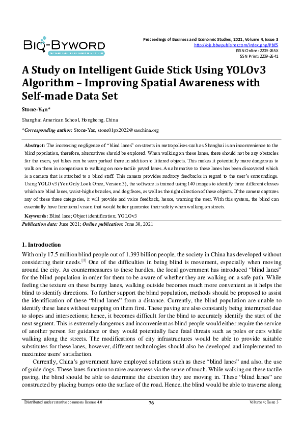 (PDF) A Study on Intelligent Guide Stick Using YOLOv3 Algorithm – Improving Spatial Awareness ...
