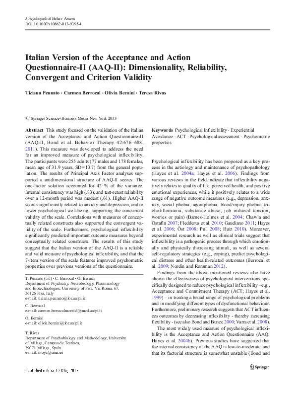 (PDF) Italian Version of the Acceptance and Action Questionnaire-II (AAQ-II): Dimensionality ...
