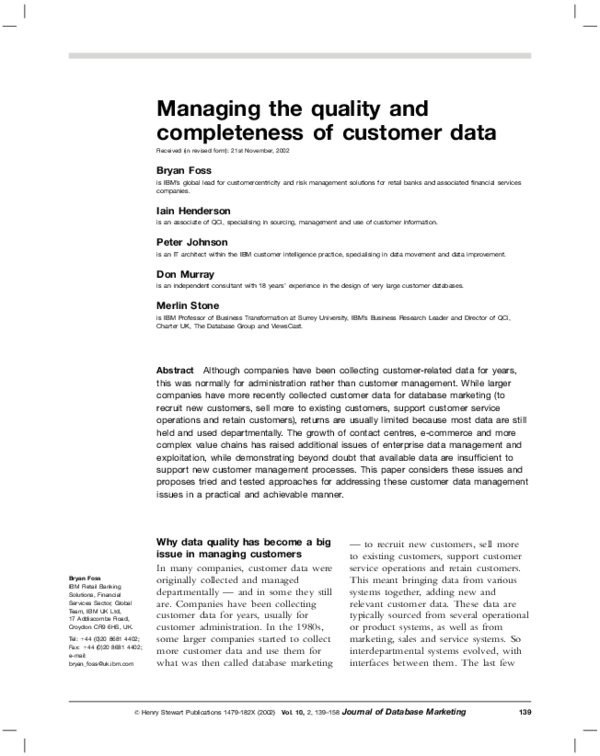 (PDF) Managing the quality and completeness of customer data (PDF) Managing the quality and completeness of customer data