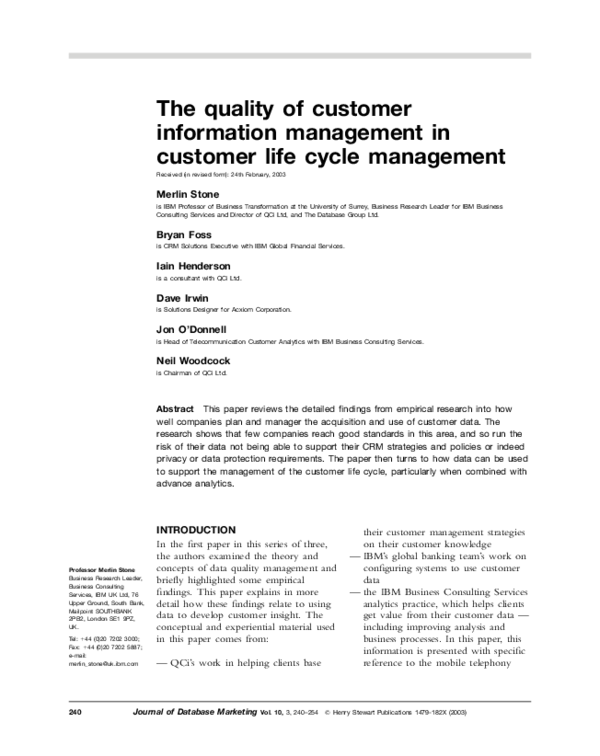 (PDF) The quality of customer information management in customer life cycle management