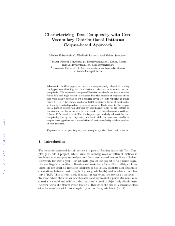 Pdf Characterizing Text Complexity With Core Vocabulary Distributional Patterns Corpus Based