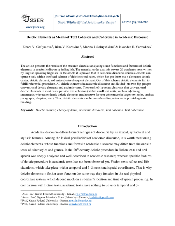 (PDF) Deictic Elements as Means of Text Cohesion and Coherence in Academic Discourse