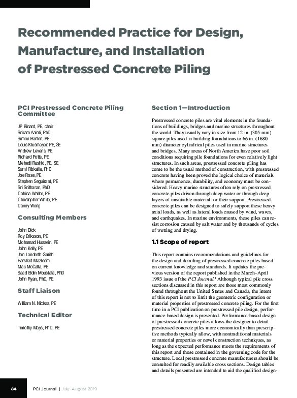 (PDF) Recommended Practice for Design, Manufacture, and Installation of Prestressed Concrete Piling