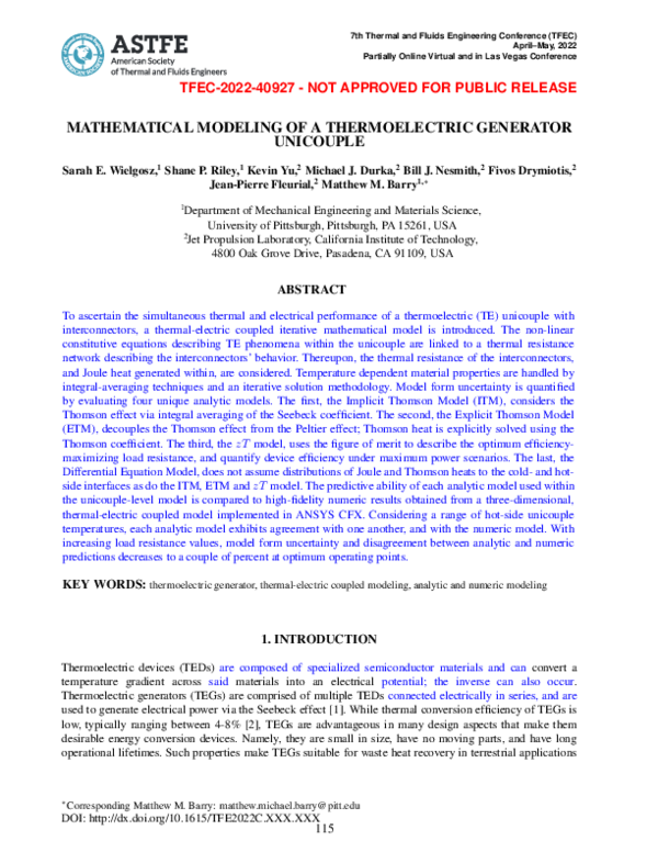 (PDF) Mathematical Modeling of a Thermoelectric Generator Unicouple