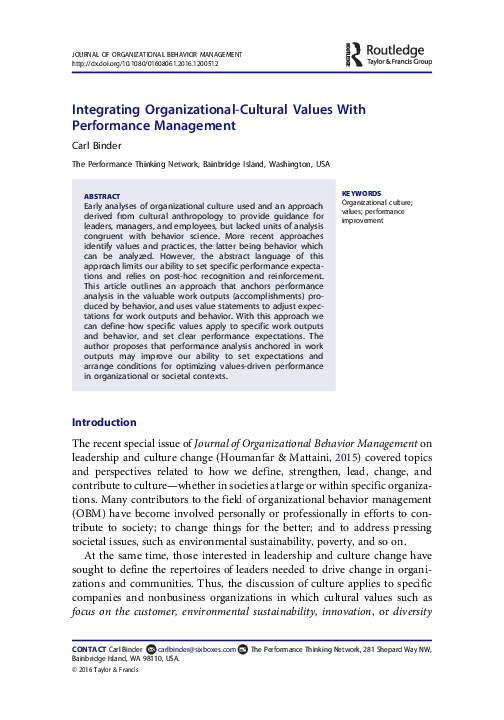 (PDF) Integrating Organizational-Cultural Values With Performance ...