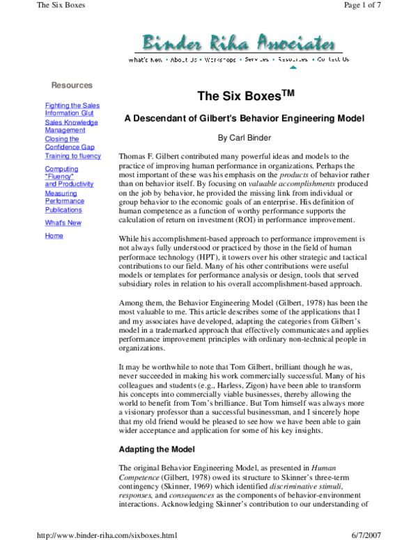 (PDF) The six boxes™: A descendent of gilbert's behavior engineering model