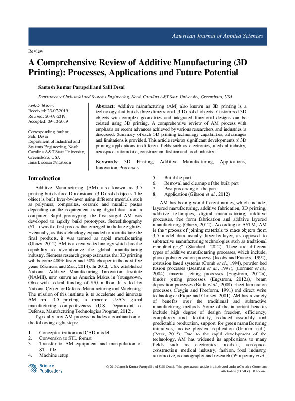 (PDF) A Comprehensive Review of Additive Manufacturing (3D Printing ...