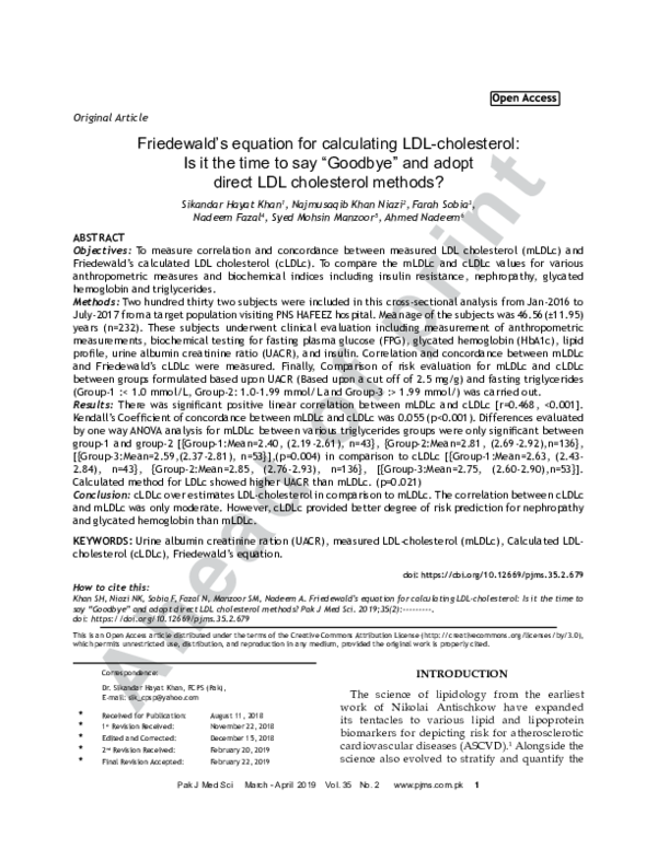 (PDF) Friedewald’s equation for calculating LDL-cholesterol: Is it the ...