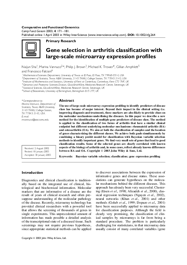(PDF) Gene selection in arthritis classification with large-scale microarray expression profiles