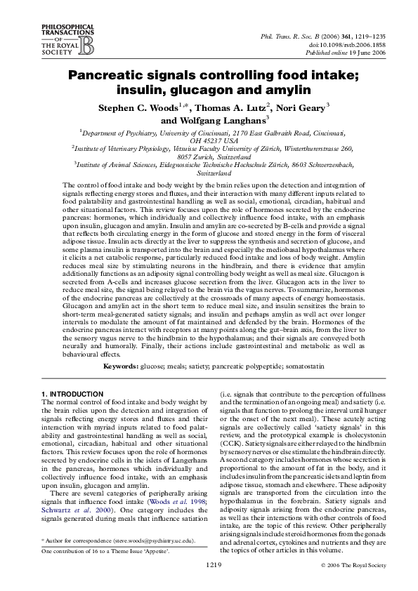(PDF) Pancreatic signals controlling food intake; insulin, glucagon and ...