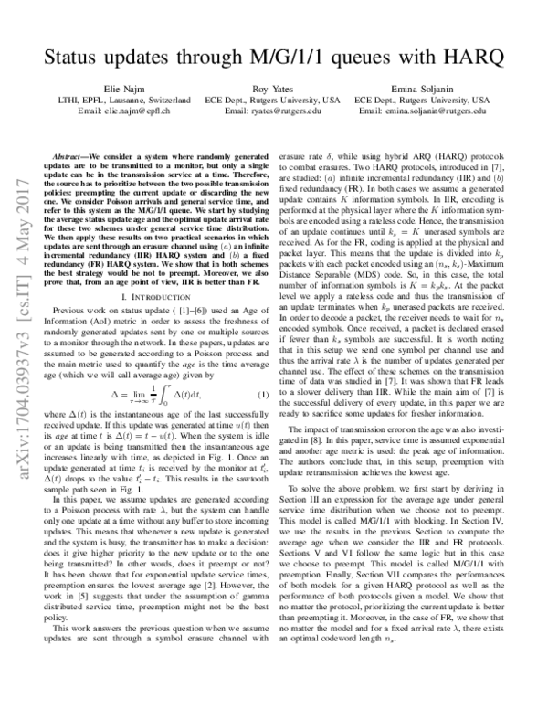 (PDF) Status updates through M/G/1/1 queues with HARQ