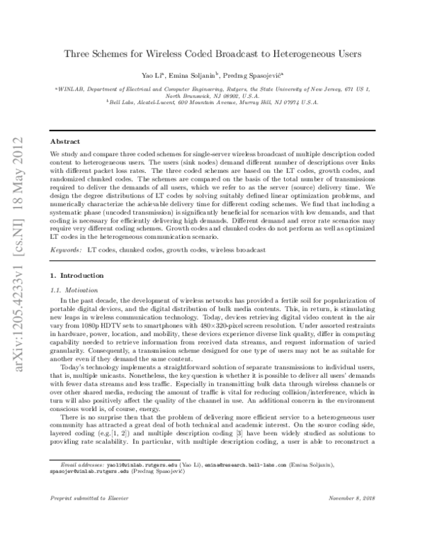 (PDF) Three schemes for wireless coded broadcast to heterogeneous users