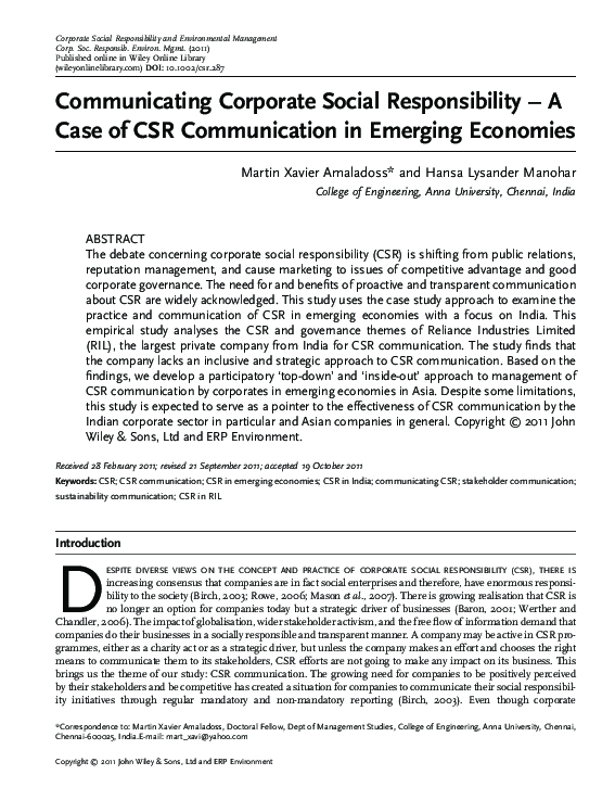 (PDF) Communicating Corporate Social Responsibility - A Case of CSR ...
