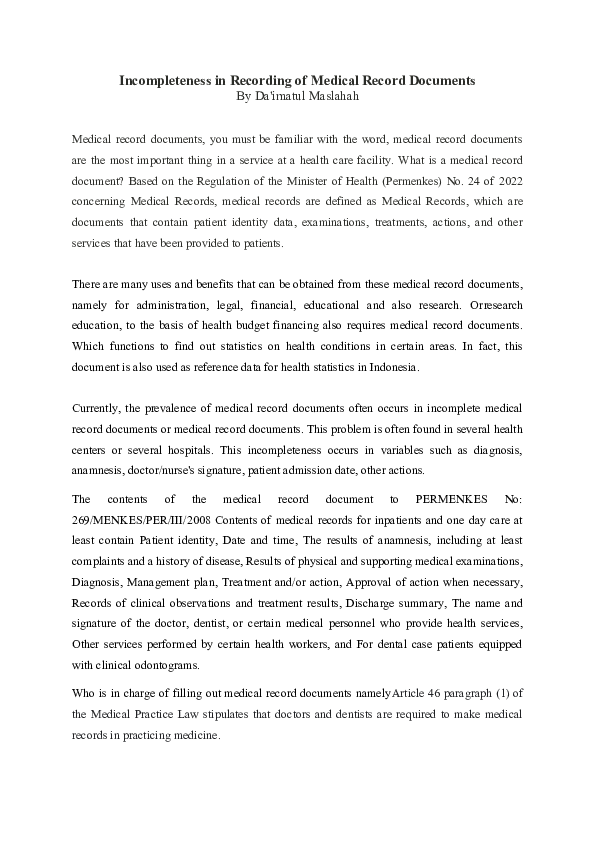 (DOC) Incompleteness in Recording of Medical Record Documents