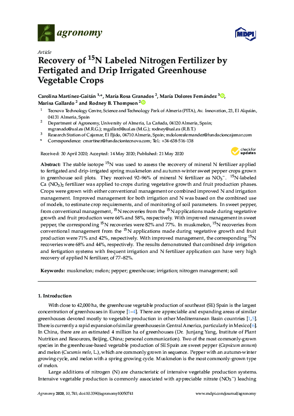 (PDF) Recovery of 15N Labeled Nitrogen Fertilizer by Fertigated and ...