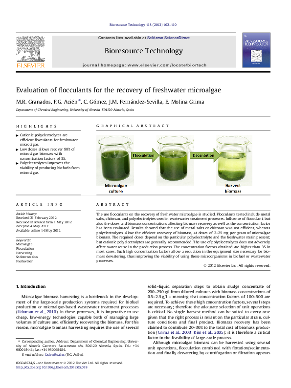 (PDF) Evaluation of flocculants for the recovery of freshwater microalgae