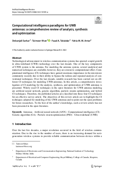 (PDF) Computational intelligence paradigms for UWB antennas: a comprehensive review of analysis ...