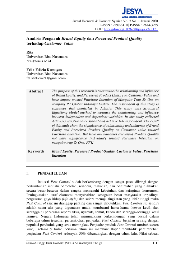 (PDF) Analisis Pengaruh Brand Equity dan Perceived Product Quality terhadap Customer Value
