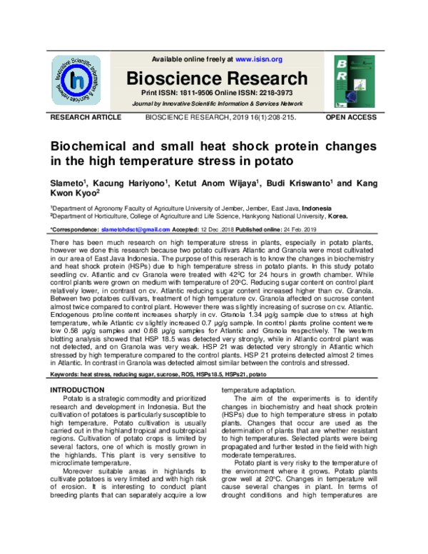 (PDF) Biochemical and small heat shock protein changes in the high ...