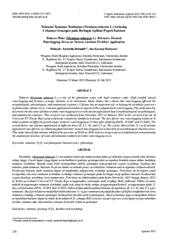 (PDF) Tobacco Plant (Nicotiana tabacum L.) Tolerance Towards ...