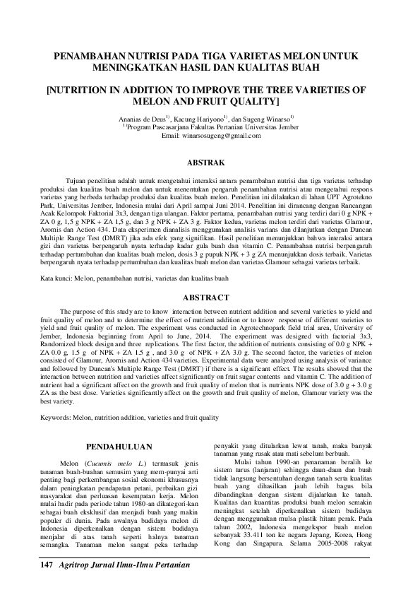 (PDF) Penambahan Nutrisi Pada Tiga Varietas Melon Untuk Meningkatkan Hasil Dan Kualitas Buah ...
