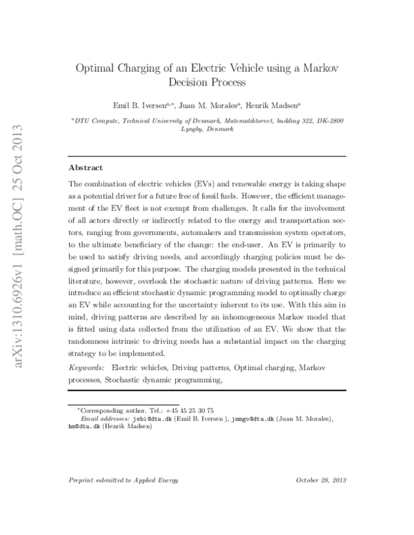 (PDF) Optimal charging of an electric vehicle using a Markov decision ...