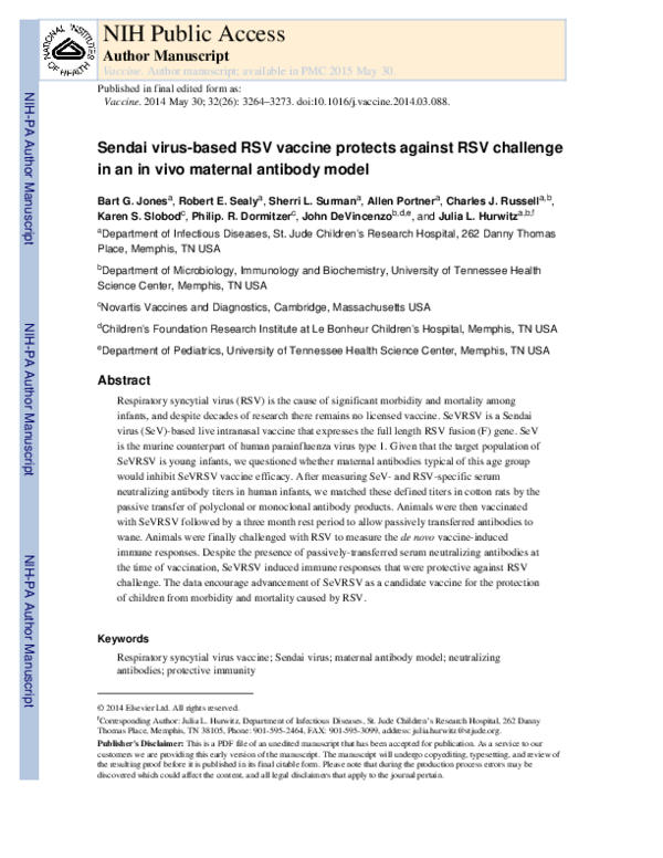 (PDF) Sendai virus-based RSV vaccine protects against RSV challenge in ...