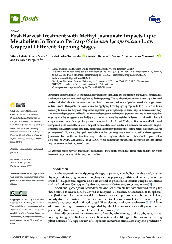 (PDF) Postharvest Treatment with Methyl Jasmonate Impacts Lipid Metabolism in Tomatoes (Solanum ...