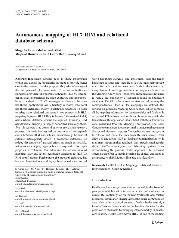 (PDF) Autonomous mapping of HL7 RIM and relational database schema