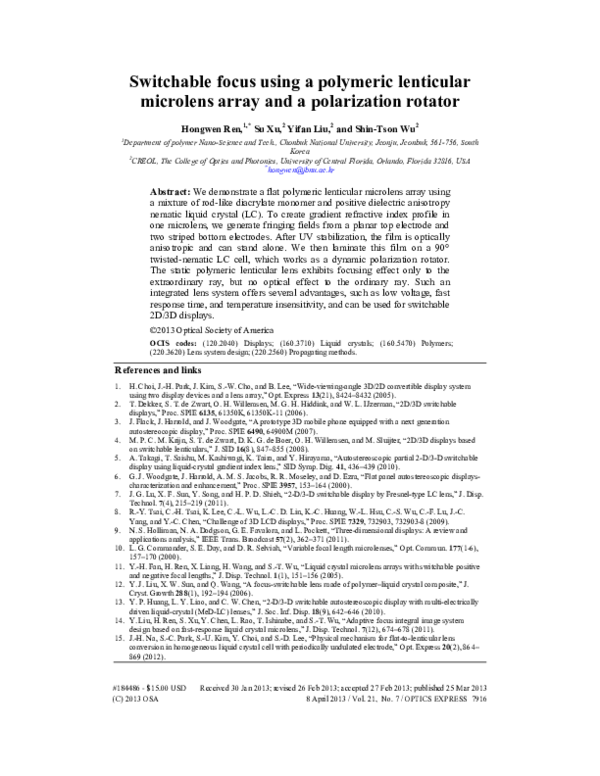 Pdf Switchable Focus Using A Polymeric Lenticular Microlens Array And A Polarization Rotator