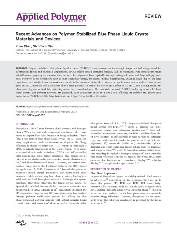 (PDF) Recent advances on polymer-stabilized blue phase liquid crystal materials and devices ...