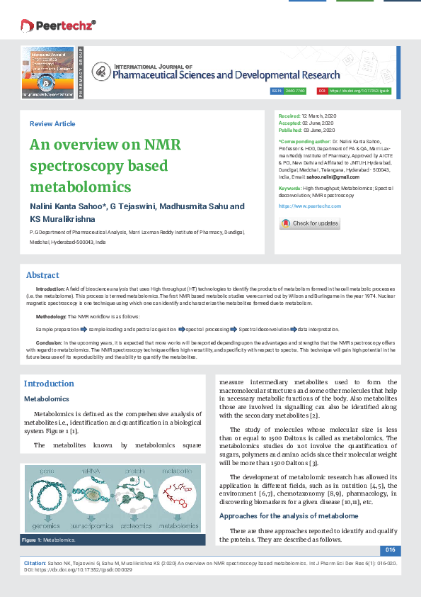 (PDF) An overview on NMR spectroscopy based metabolomics