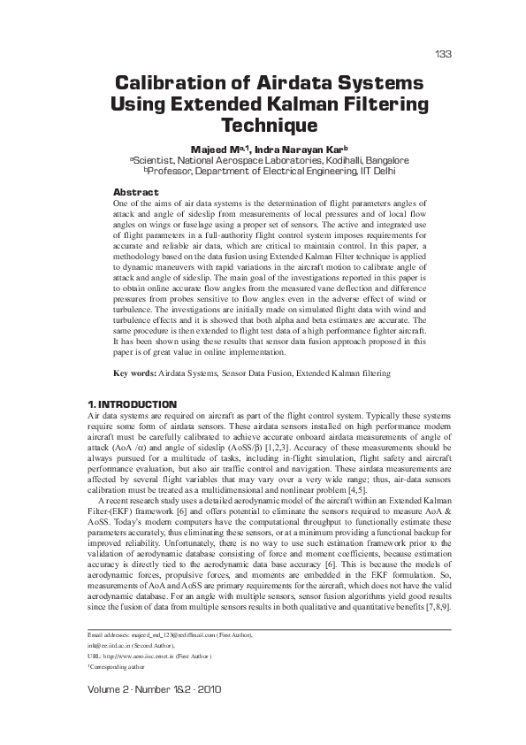 Pdf Calibration Of Airdata Systems Using Extended Kalman Filtering Technique