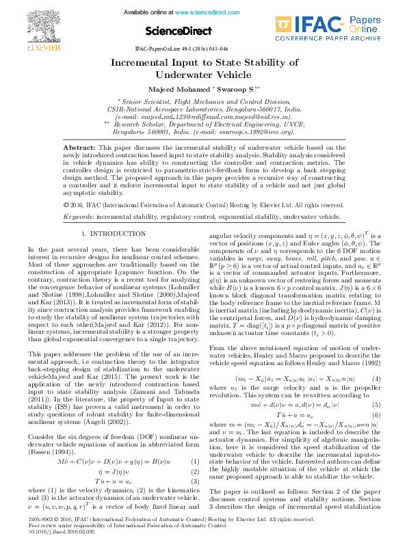 (PDF) Incremental Input to State Stability of Underwater Vehicle