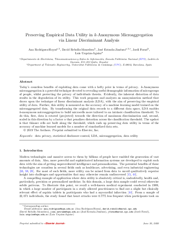 (PDF) Preserving empirical data utility in k-anonymous microaggregation via linear discriminant ...