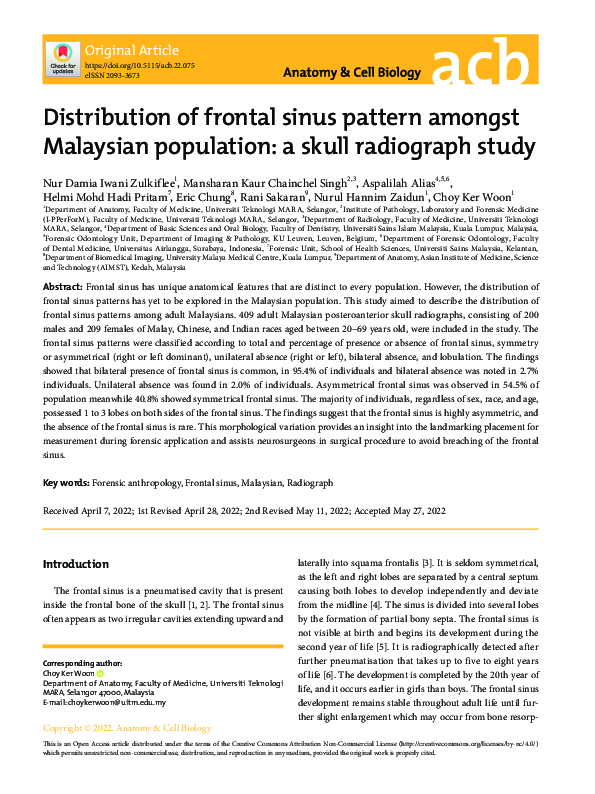 (PDF) Distribution of frontal sinus pattern amongst Malaysian ...