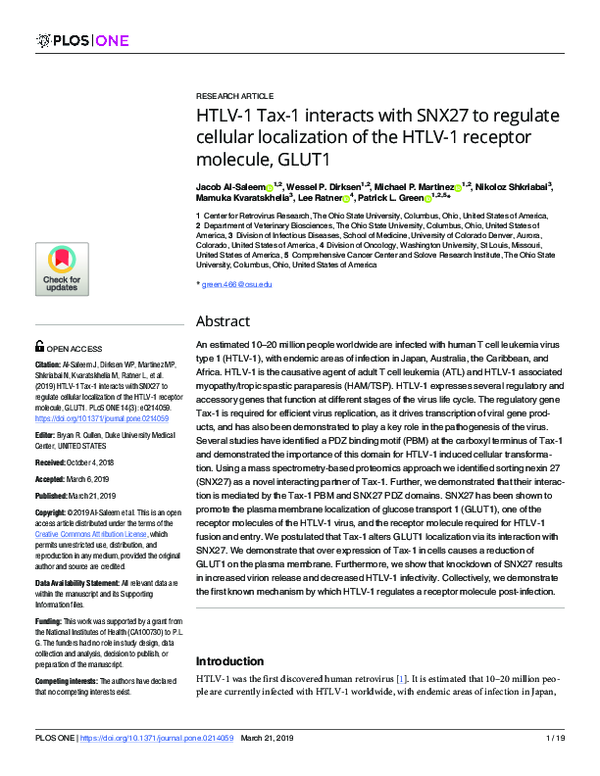 (PDF) HTLV-1 Tax-1 interacts with SNX27 to regulate cellular ...