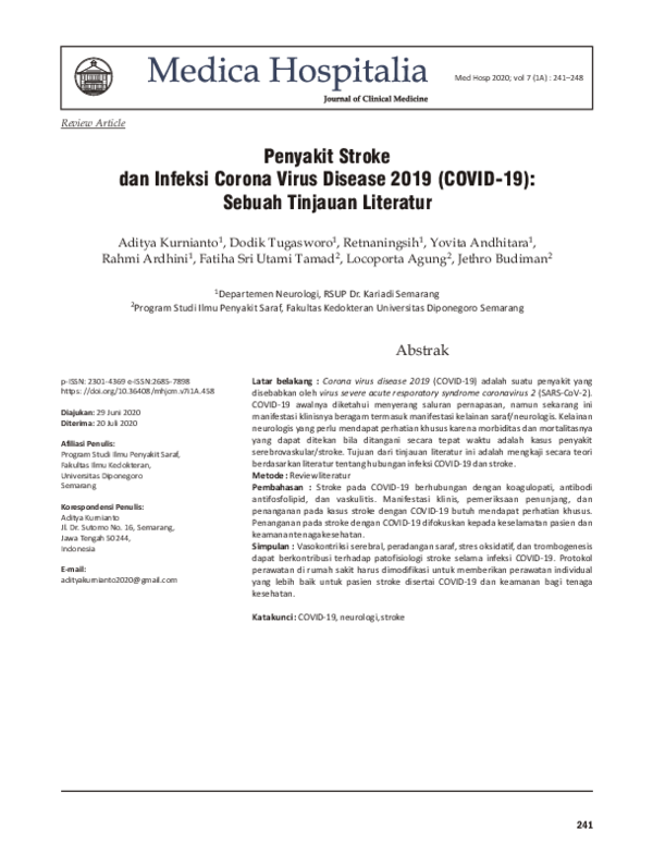 (PDF) Penyakit Stroke dan Infeksi Corona Virus Disease 2019 (COVID-19): Sebuah Tinjauan Literatur